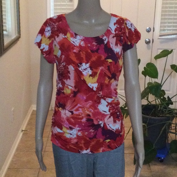 AB Studio | Tops | Ab Studio Fiery Red Tropical Top Bubble Puff Sleeve ...